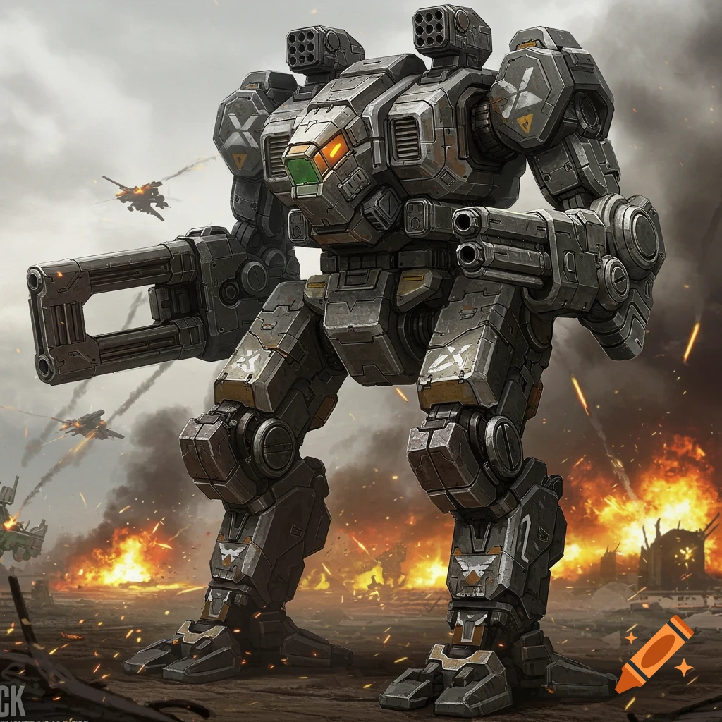 A large, heavily armed combat mech stands on a battlefield amidst ...