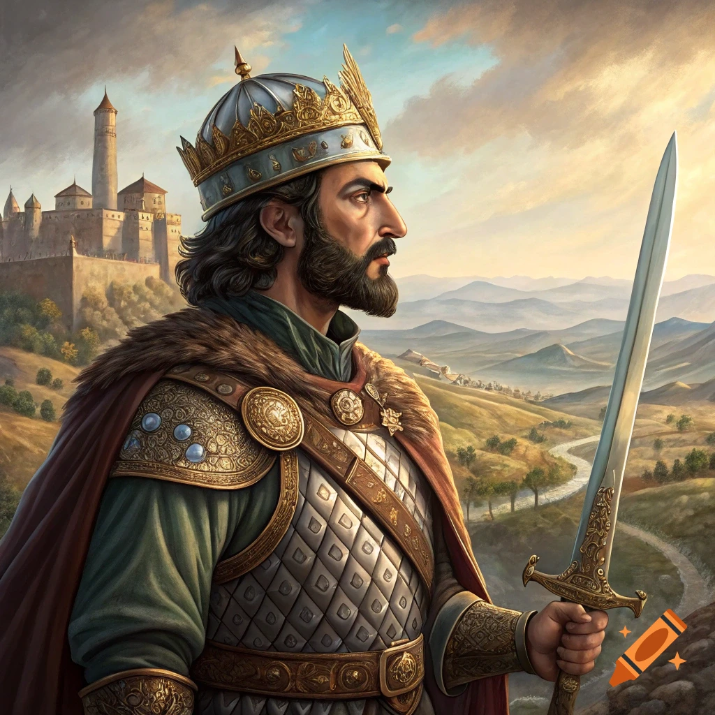 Portrait of a king or sultan in ornate armor holding a sword, with a ...