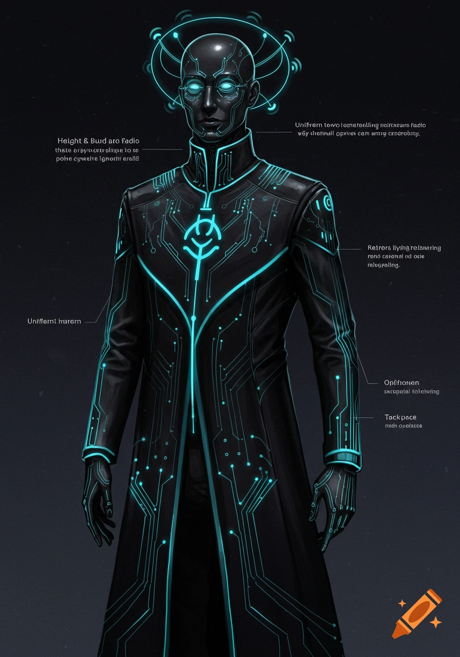 A bald man in a futuristic black coat with glowing blue circuit ...