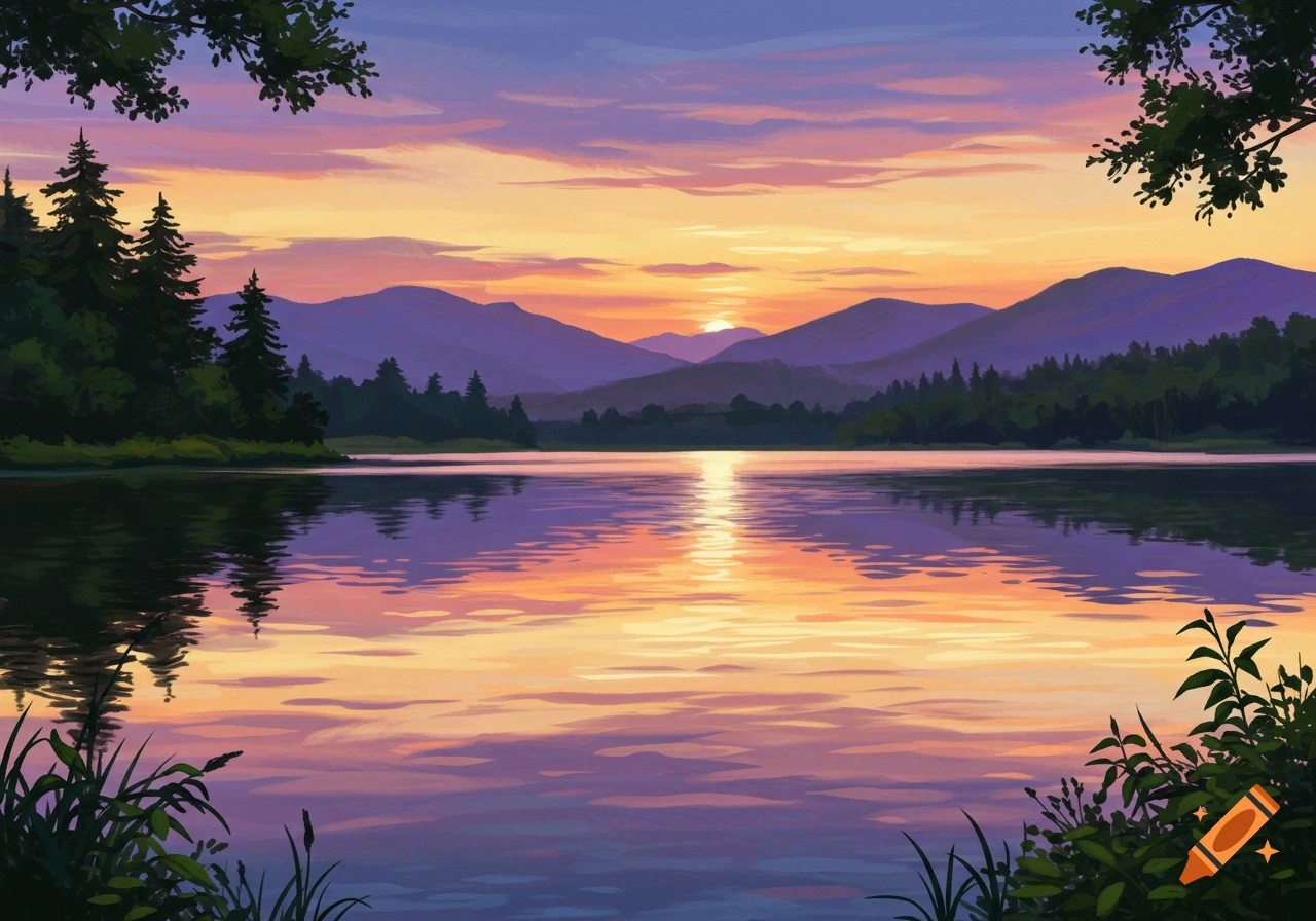 Painting of a sunset over a lake with mountains and trees reflected in ...