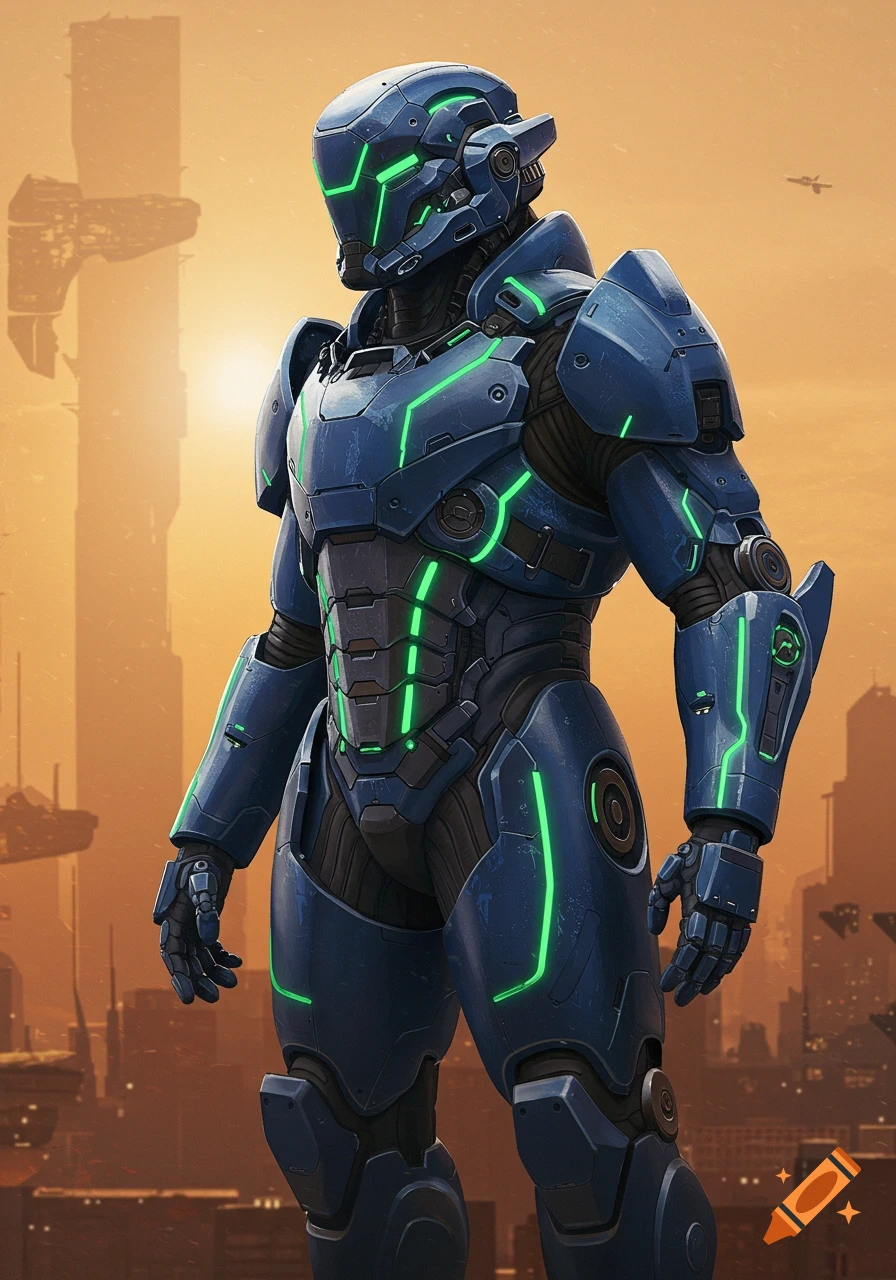 A person in blue and green power armor stands in a futuristic city at ...