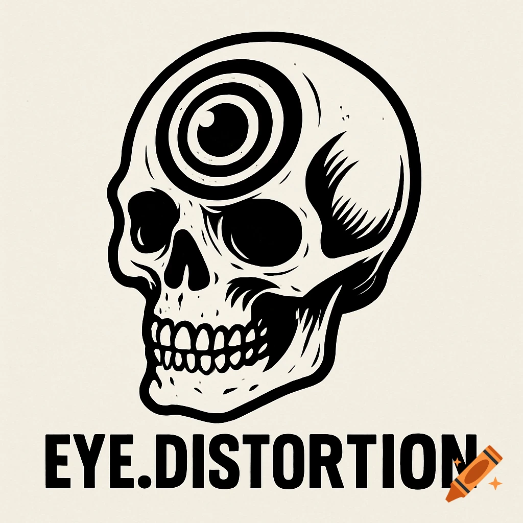 Black and white illustration of a skull with a spiral eye and the text ...