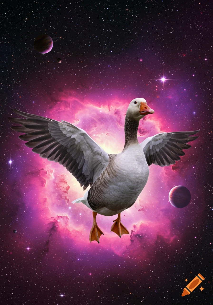 A goose with wings spread flies through space against a backdrop of a ...