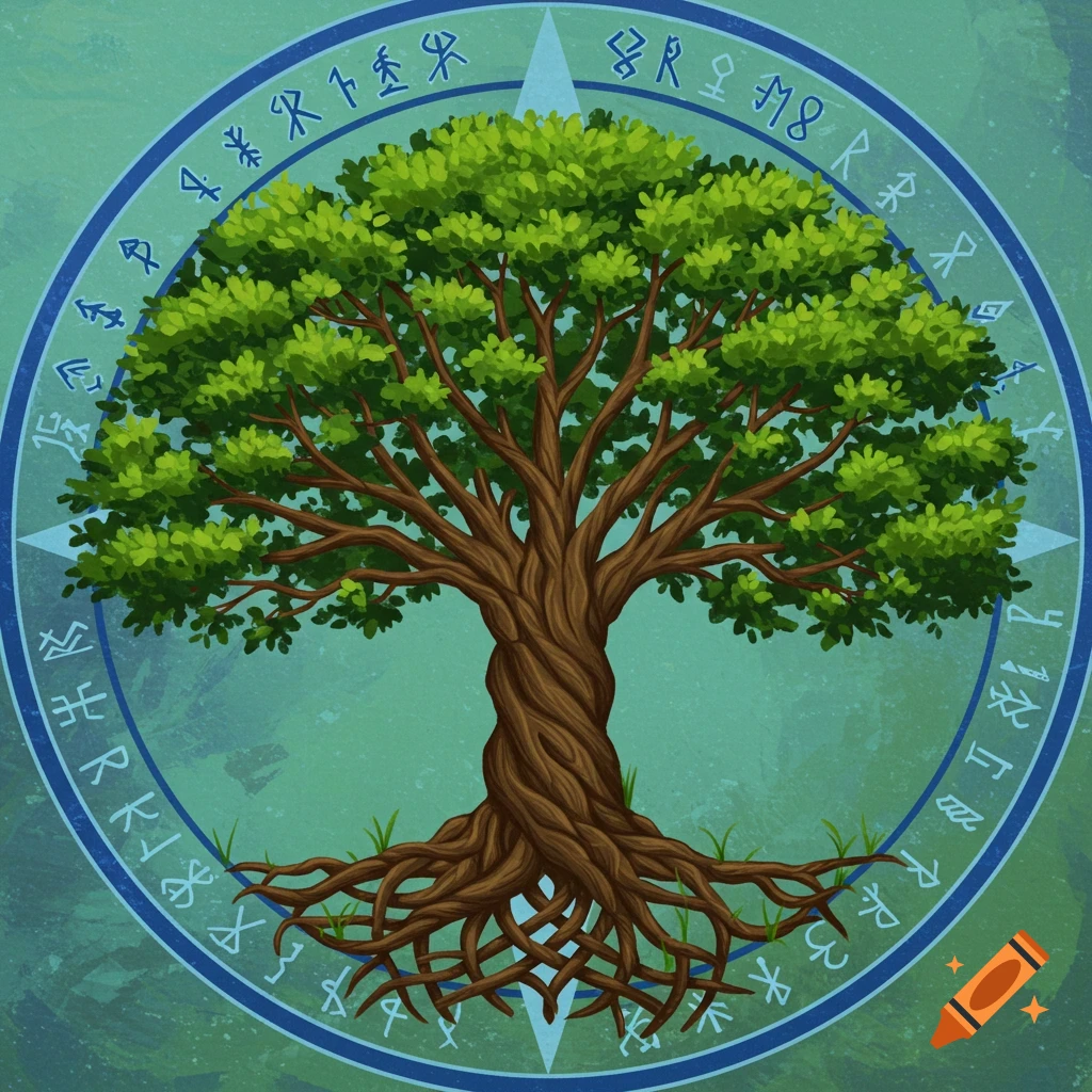 Stylized tree of life with intertwined roots inside a circle of runes ...
