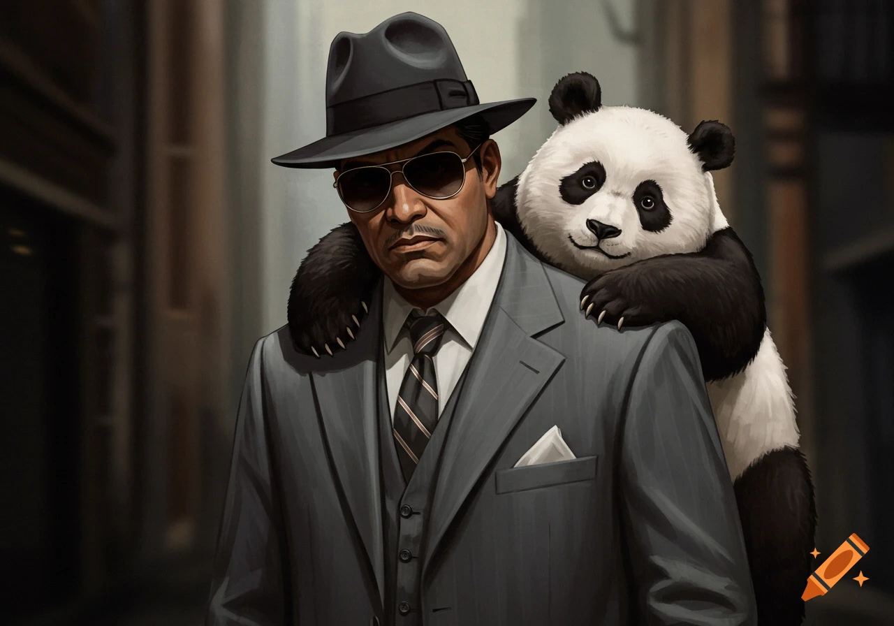 An illustration of a gangster in a suit and hat with a panda draped ...