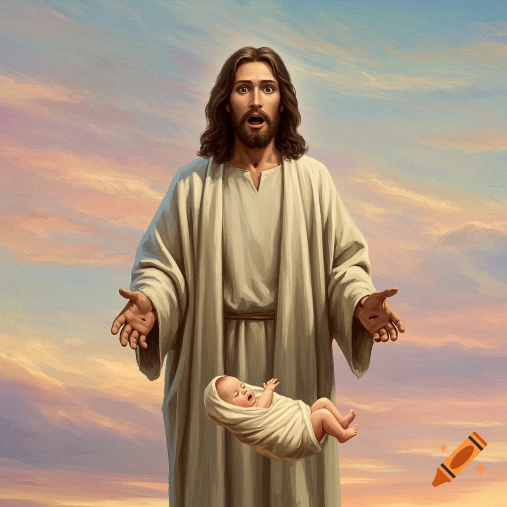 Painting of Jesus looking surprised with a baby falling below his hands. on Craiyon