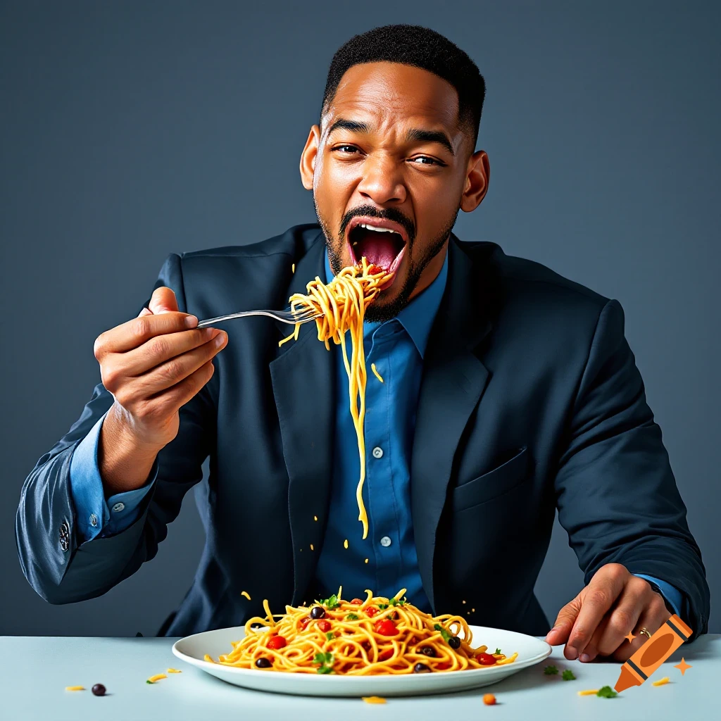 Will Smith in a suit eating spaghetti with a fork from a plate ...