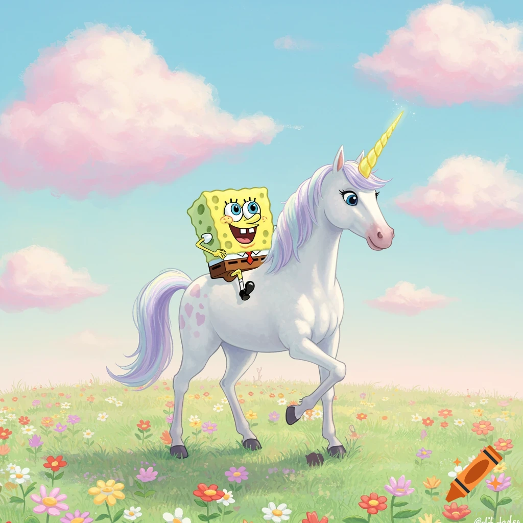 Spongebob Squarepants rides a unicorn through a field of colorful ...