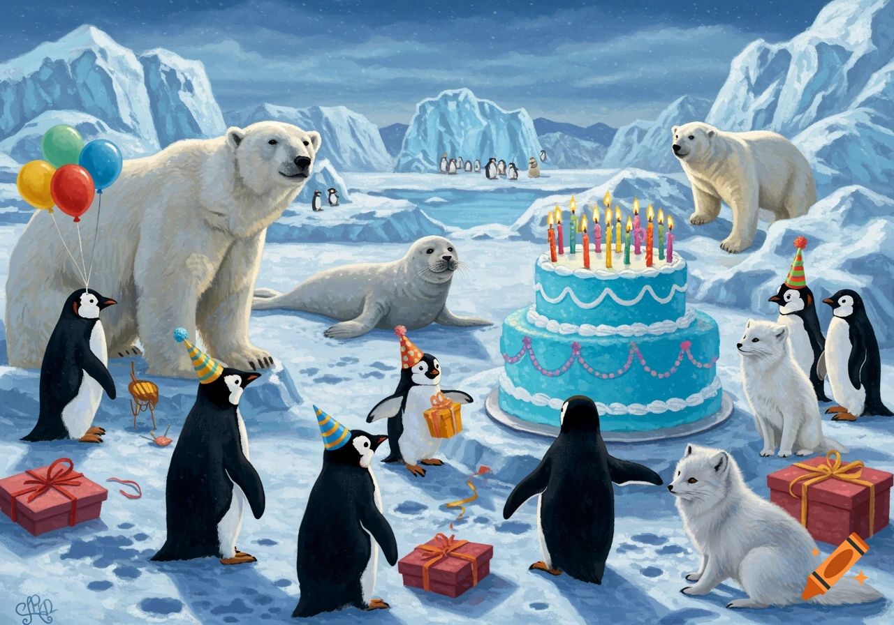 Illustration of arctic animals, including polar bears, penguins, a seal ...