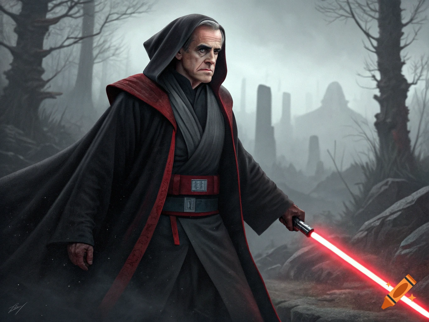 Mark Carney as a Sith Lord in a misty landscape, holding a red ...