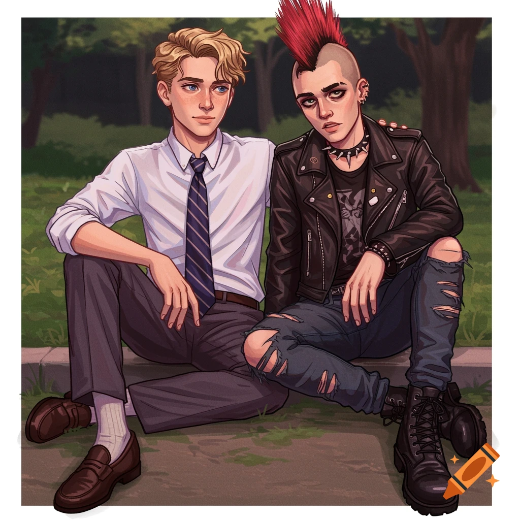 Illustration of two teenage boys with contrasting preppy and punk ...