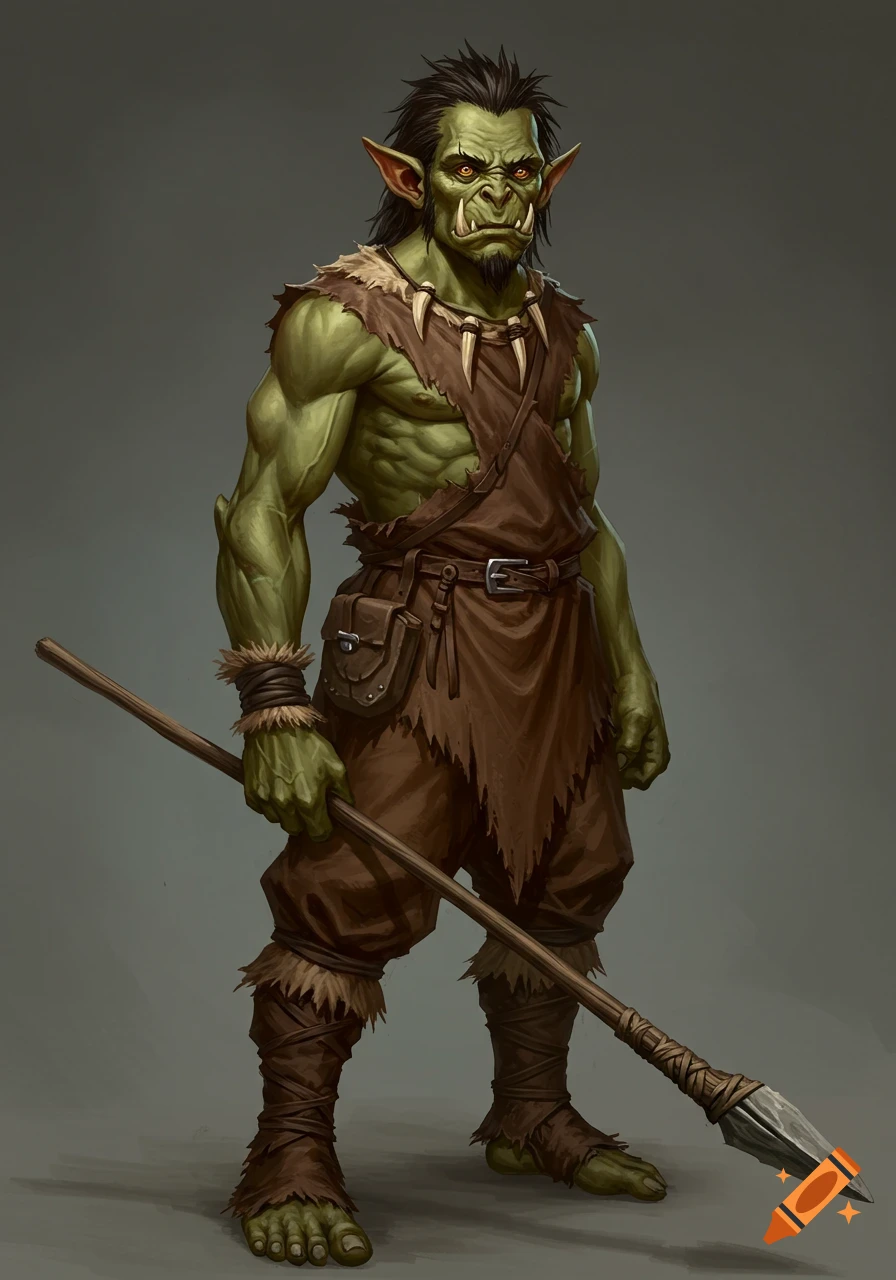 A standing fantasy creature, an orc or goblin, holding a spear. on Craiyon