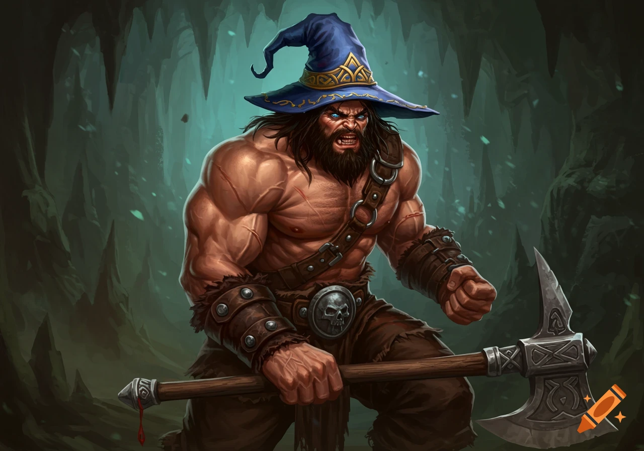A muscular barbarian wearing a blue wizard hat holds an axe in a cave ...