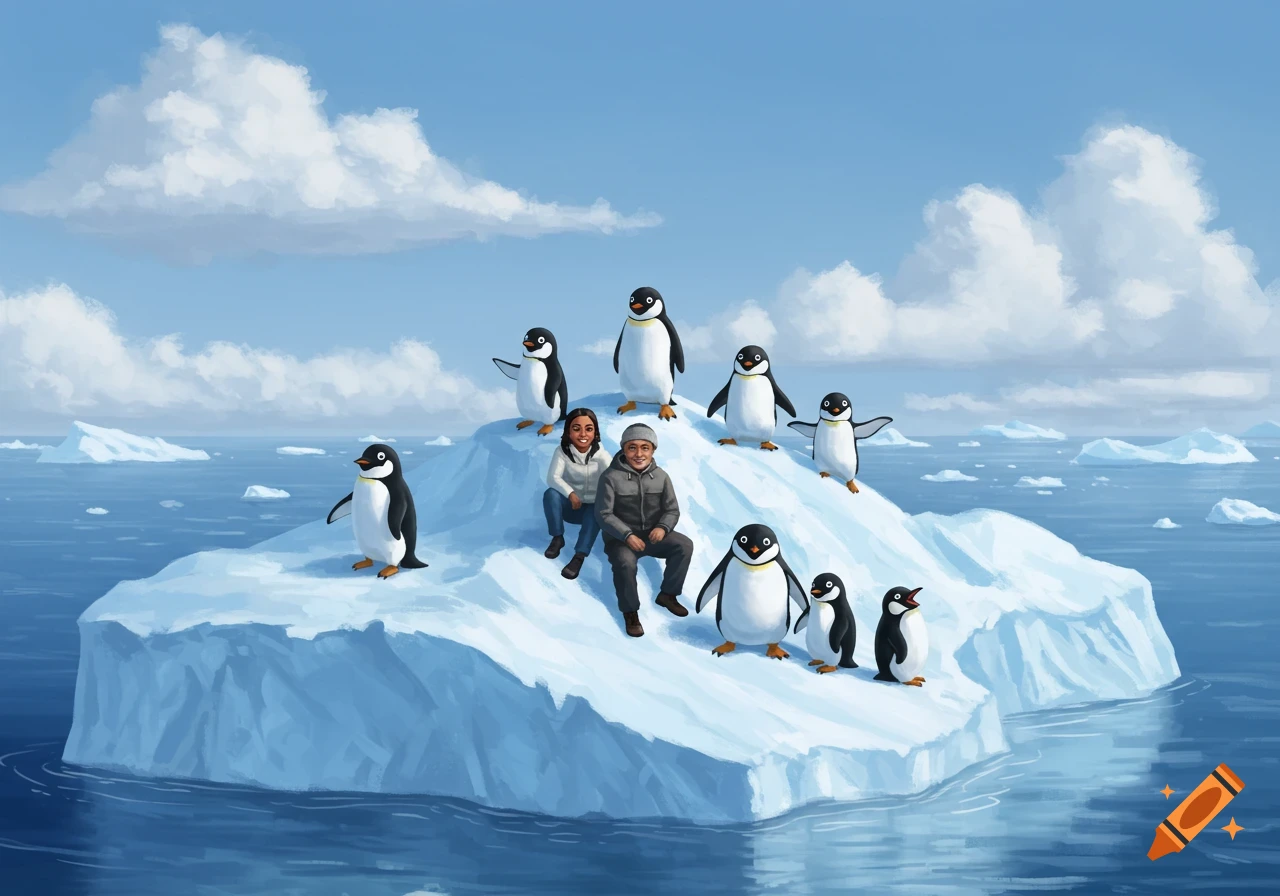 Two people sit on an iceberg surrounded by penguins in an arctic sea ...