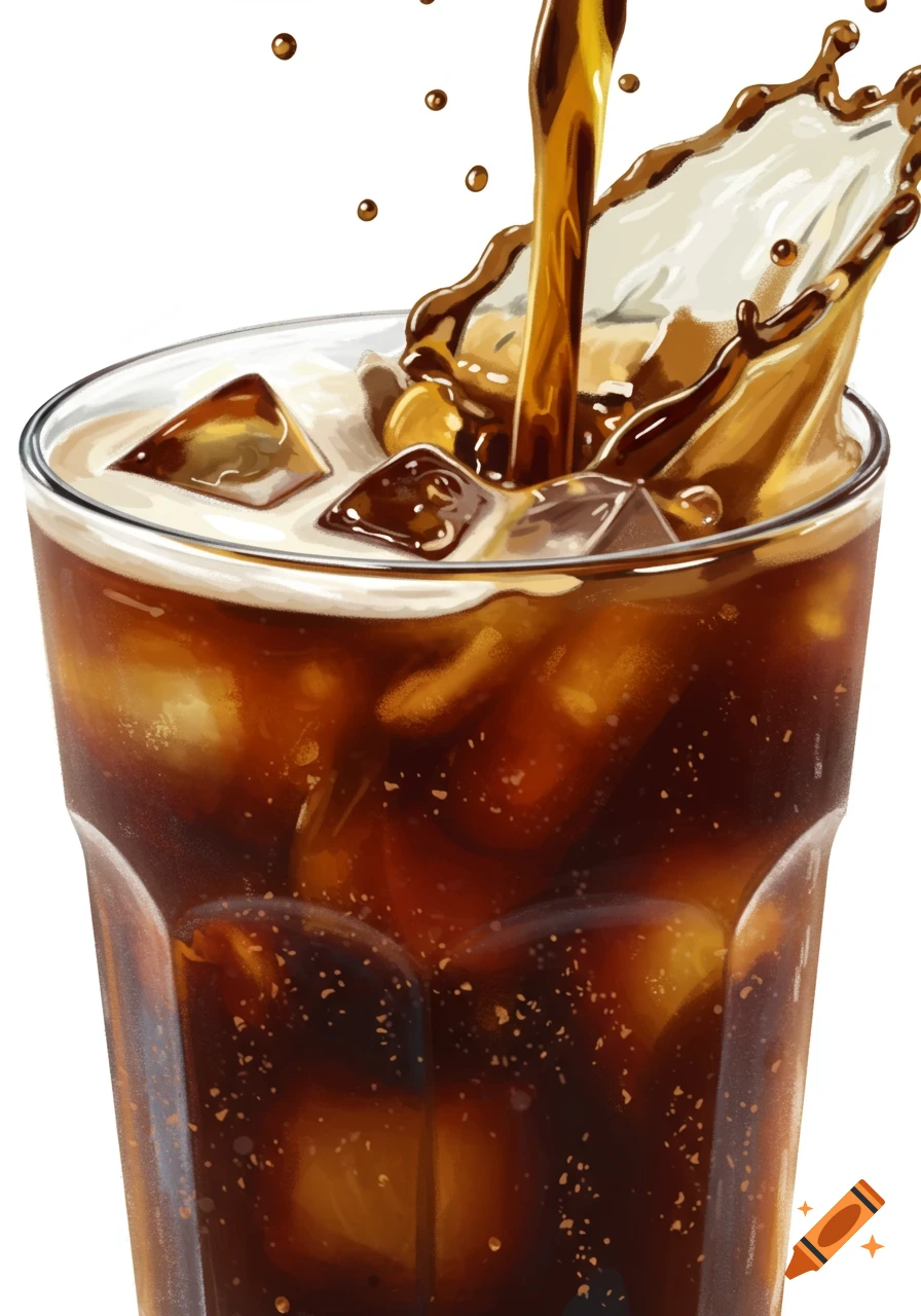 Close-up of coffee being poured into a glass with ice, causing a splash. on Craiyon