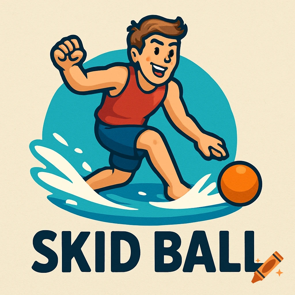 Cartoon logo of boy playing Skid Ball in water on Craiyon