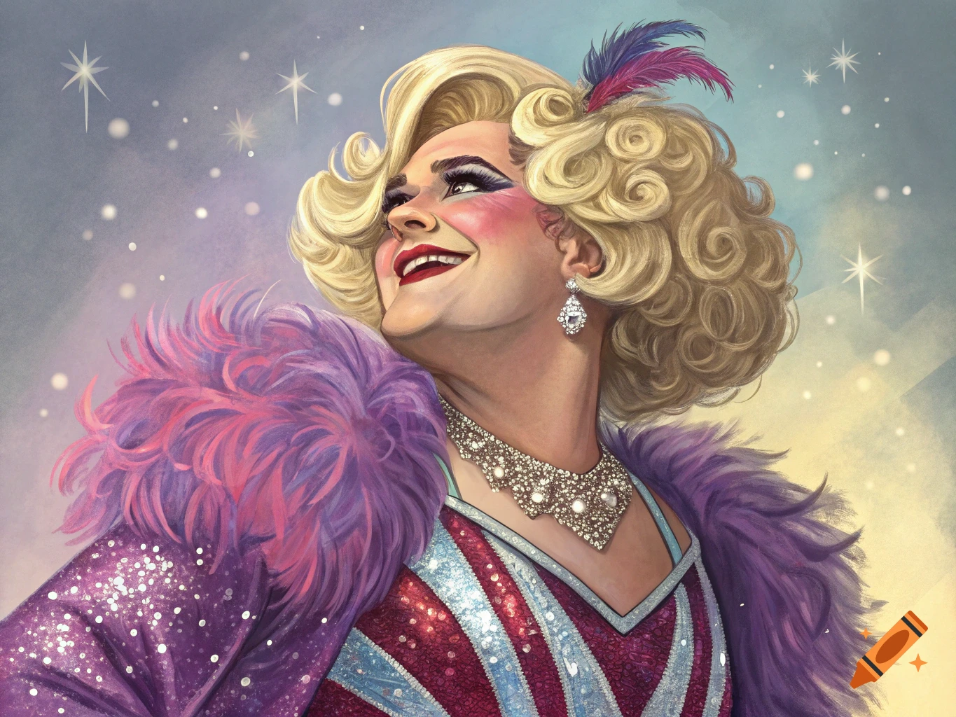 Portrait of a person in drag makeup and glamorous costume, looking up ...