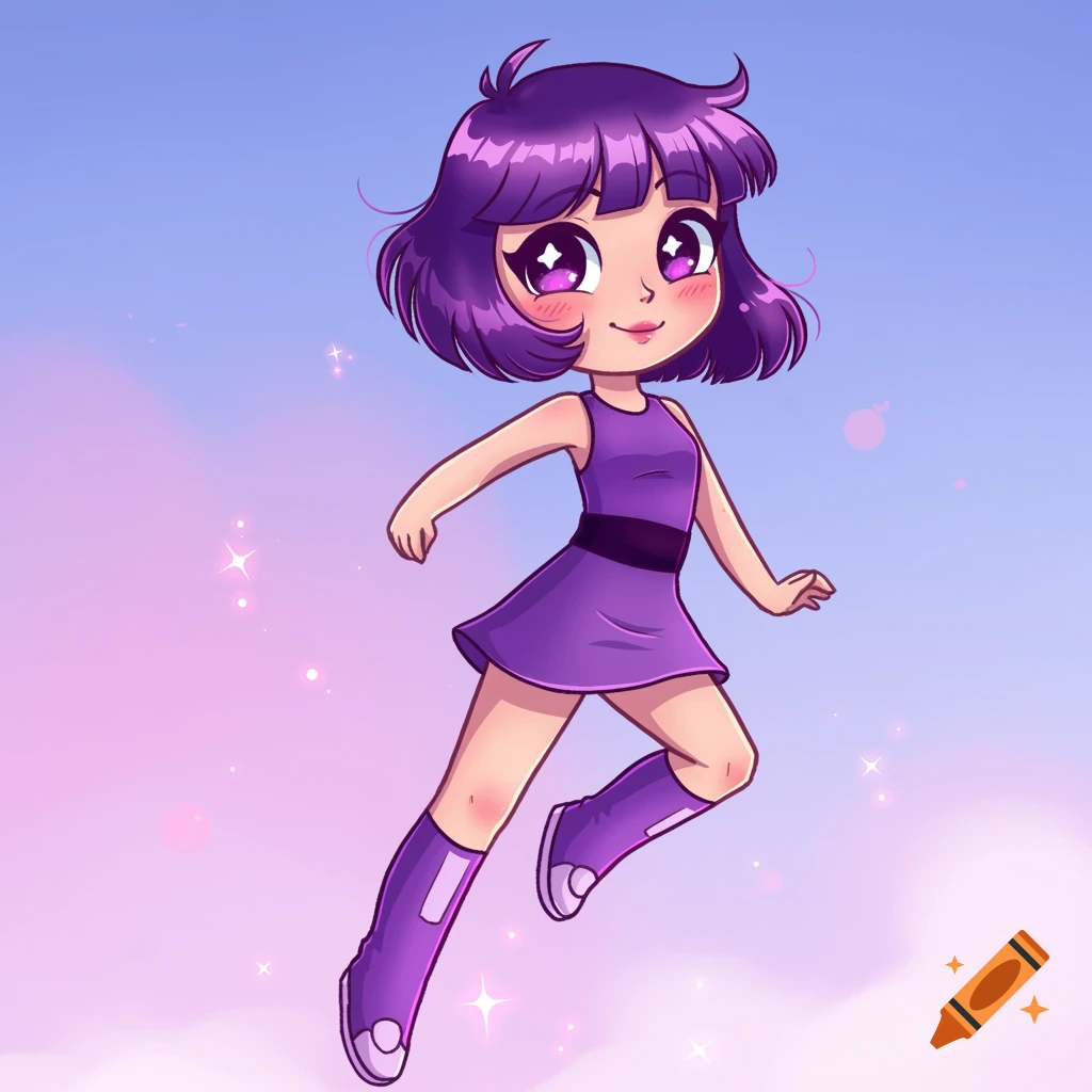 Powerpuff Girls styled cartoon girl with purple hair and dress floating ...