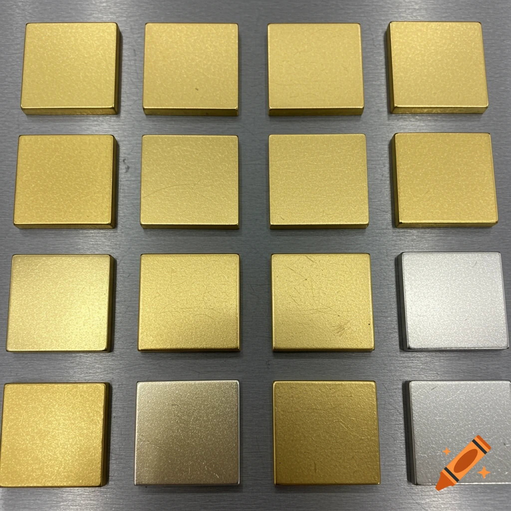 Grid of gold and silver square metal samples on a gray surface. on Craiyon