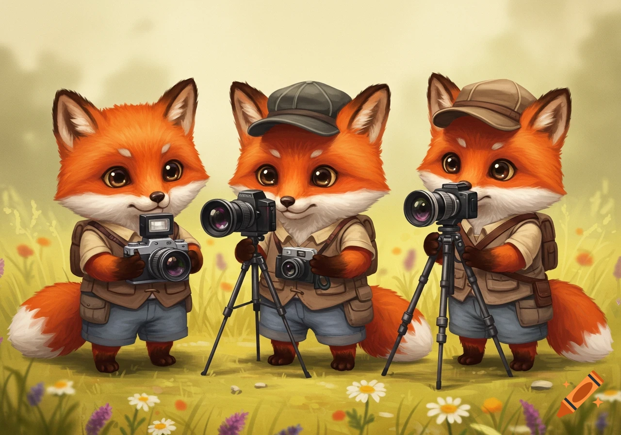 Three cute cartoon foxes dressed as explorers with cameras and tripods ...