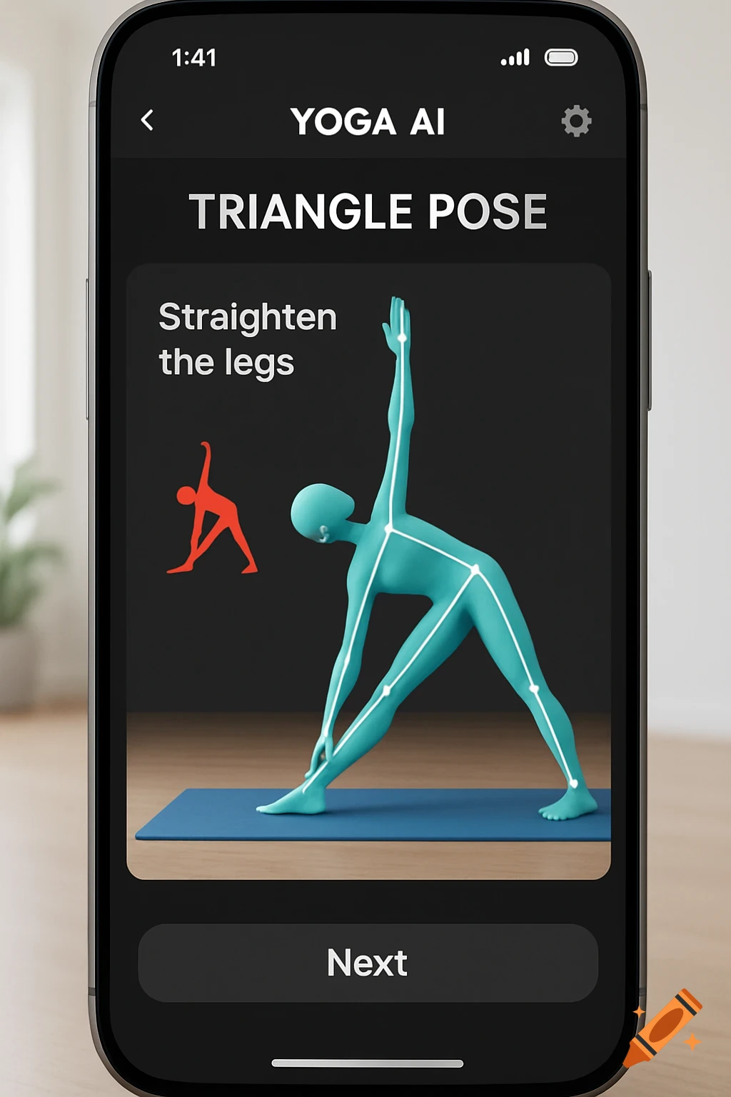 Phone screen showing a yoga app with a 3D model demonstrating the ...