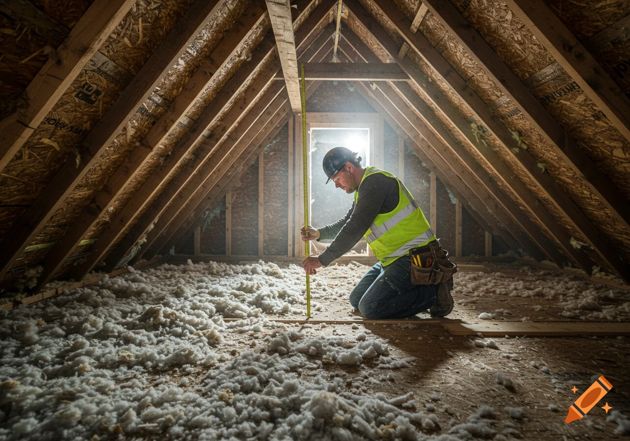 Construction worker measuring studs in a dusty attic filled with ...