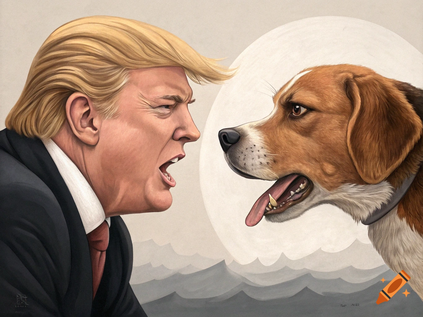 Caricature of Donald Trump yelling at a beagle in an illustrative style ...