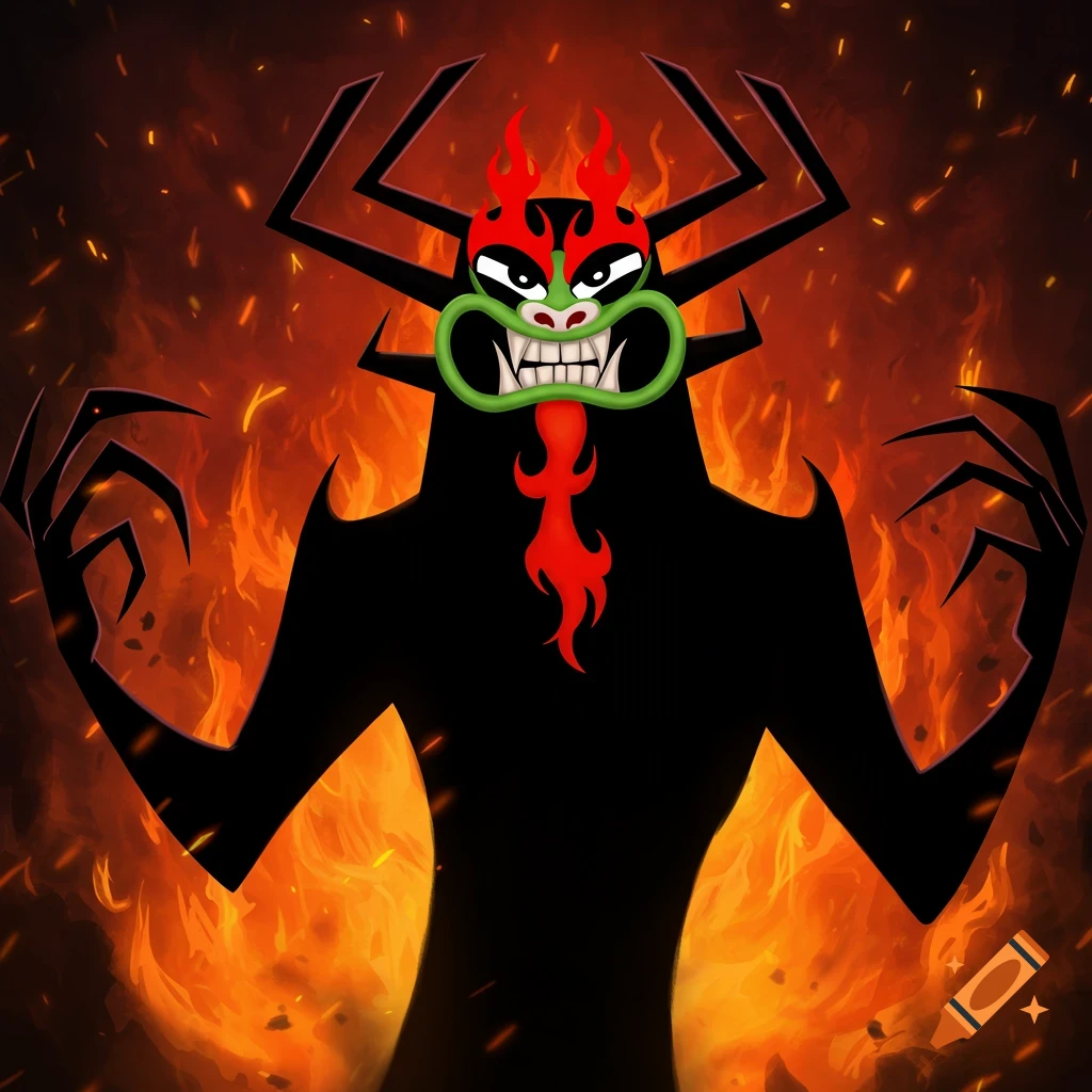 Stylized illustration of Aku from Samurai Jack standing in flames on ...