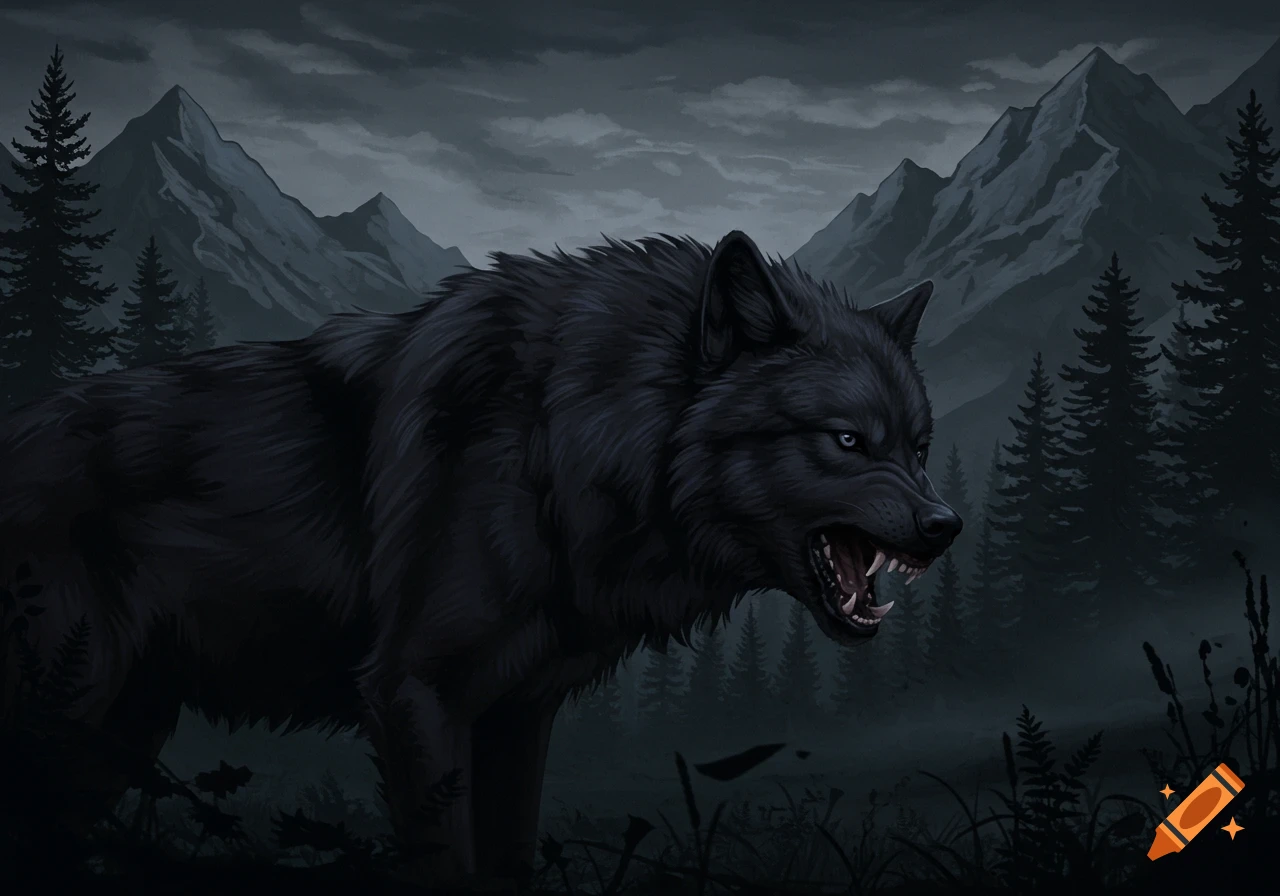 Illustration of a snarling black wolf in a dark forest with mountains ...