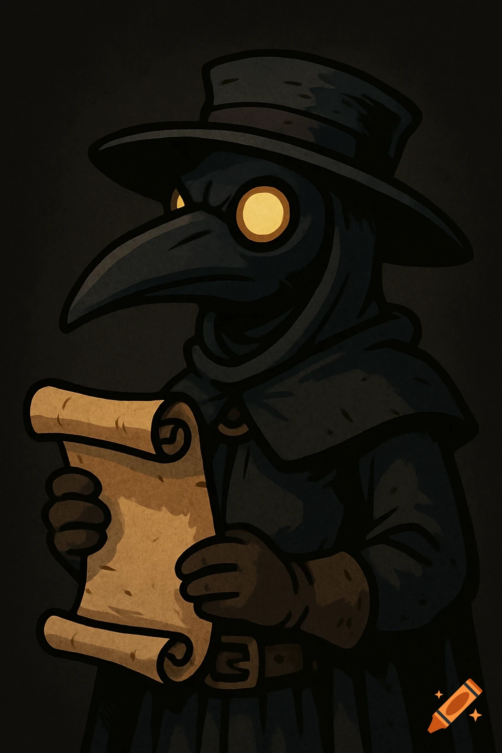 Stylized cartoon plague doctor holding a scroll on Craiyon