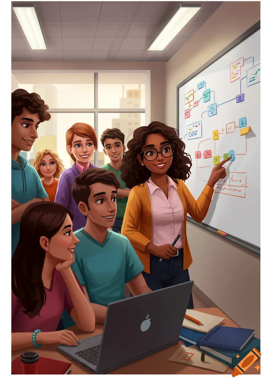 Illustrative image of a diverse group of students watching a teacher ...