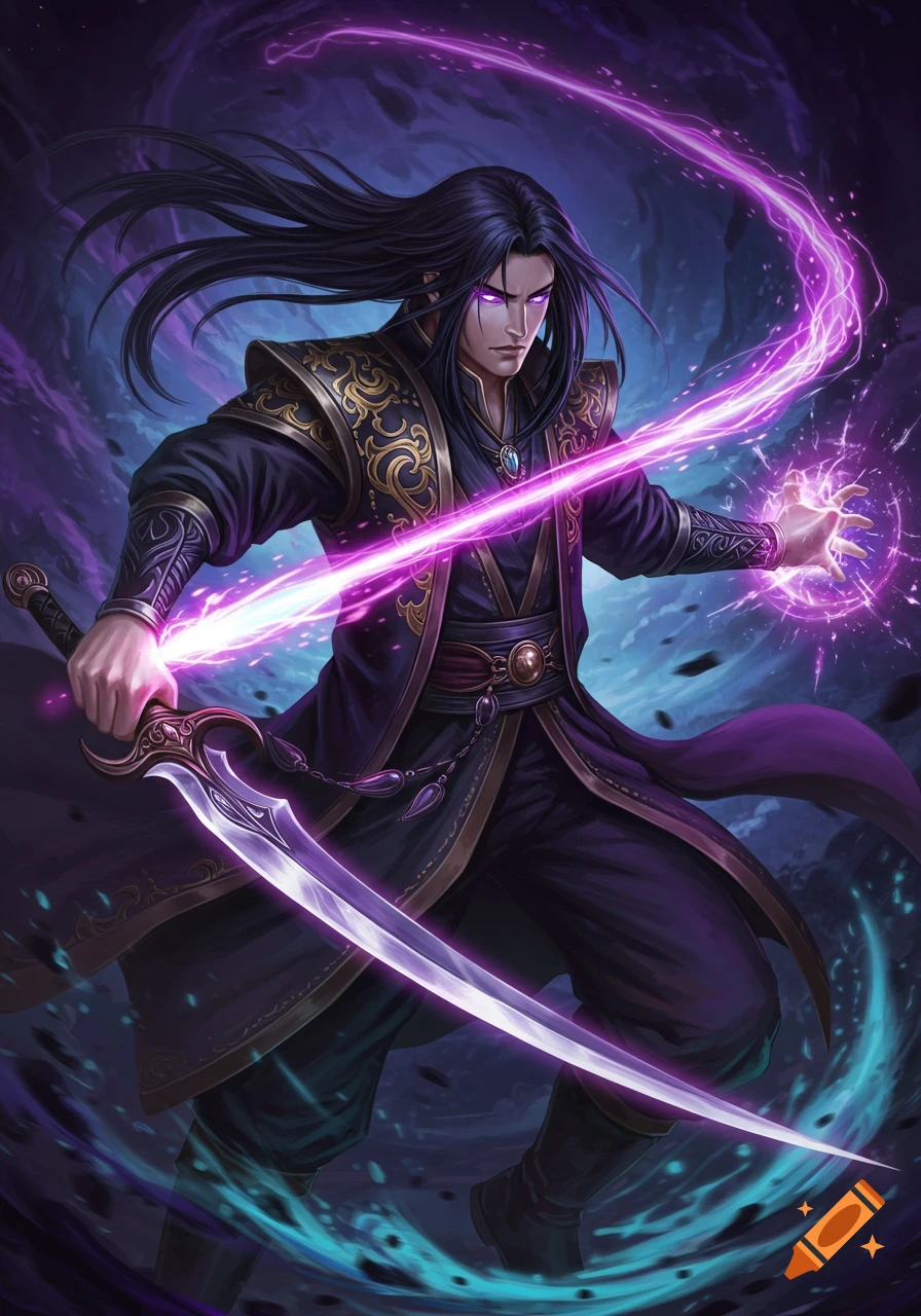 Fantasy illustration of a dark-haired male magic user holding a sword ...