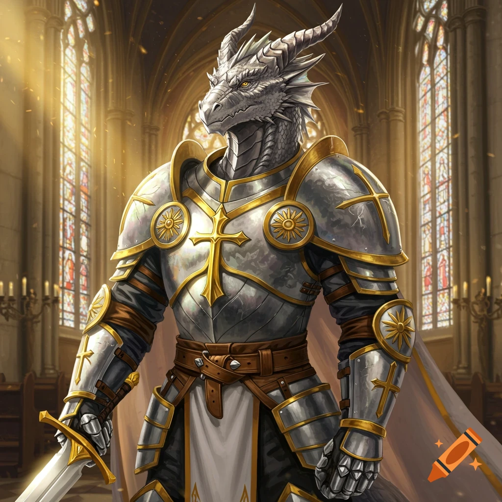 A silver dragonborn paladin in detailed plate armor stands in a church ...