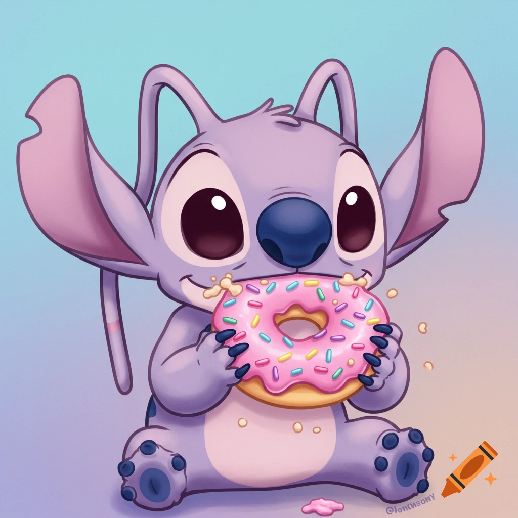 Cute cartoon of Angel from Lilo & Stitch eating a pink donut with ...