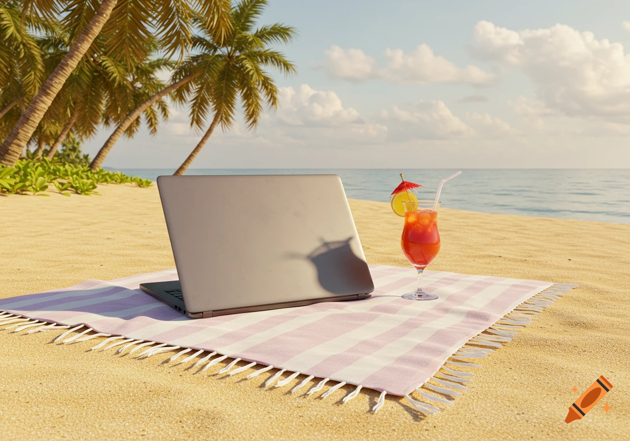 Laptop and cocktail on a striped towel on a beach with palm trees and ...
