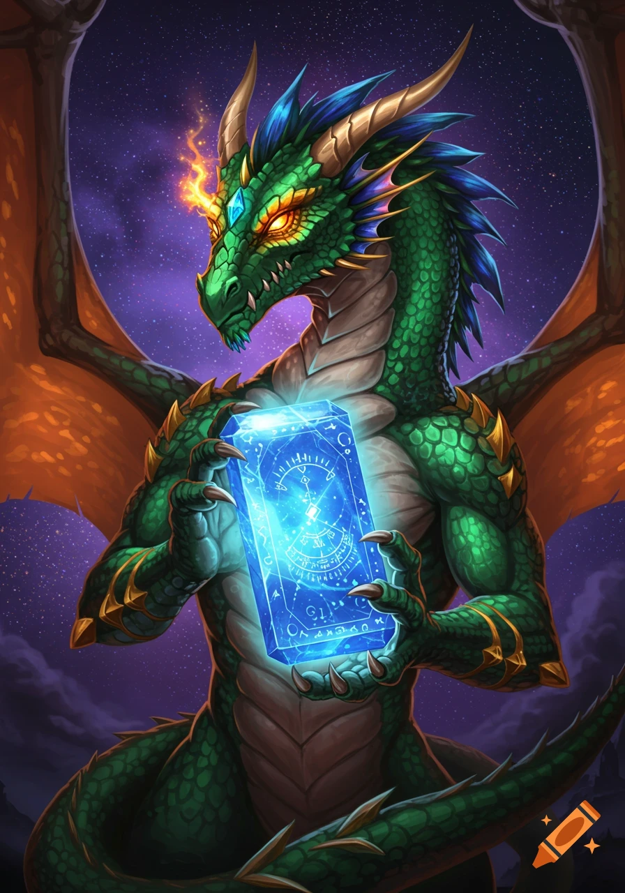 A green dragon holds a glowing blue magical device against a starry sky ...