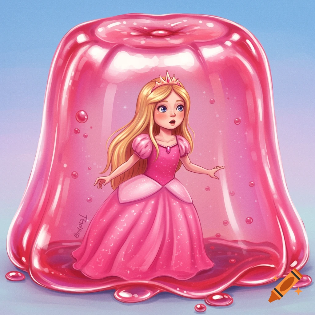 A princess trapped inside a large pink jelly mold, in a cartoon style ...