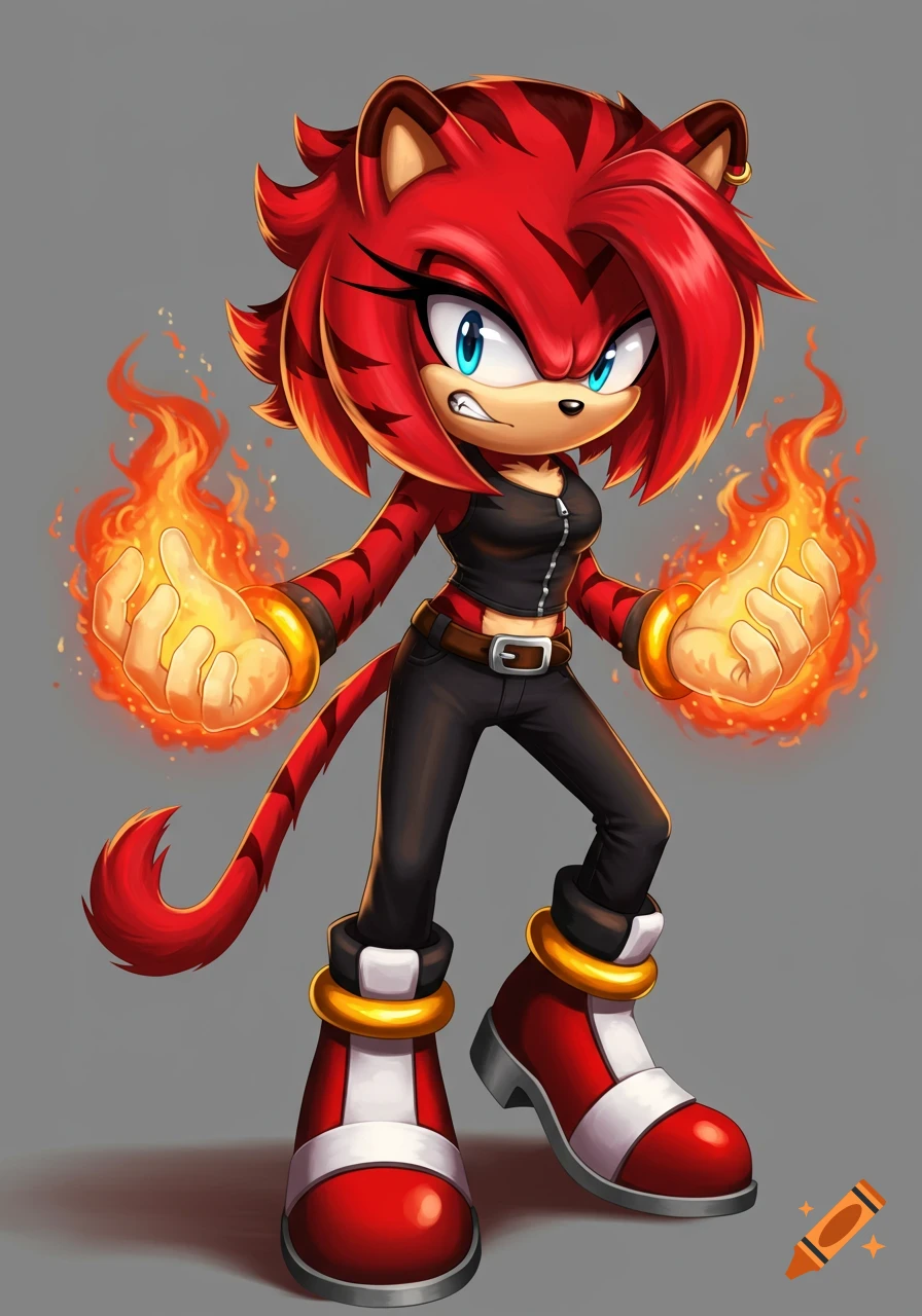 Red tiger Sonic-style character with fire hands in an anime art style ...