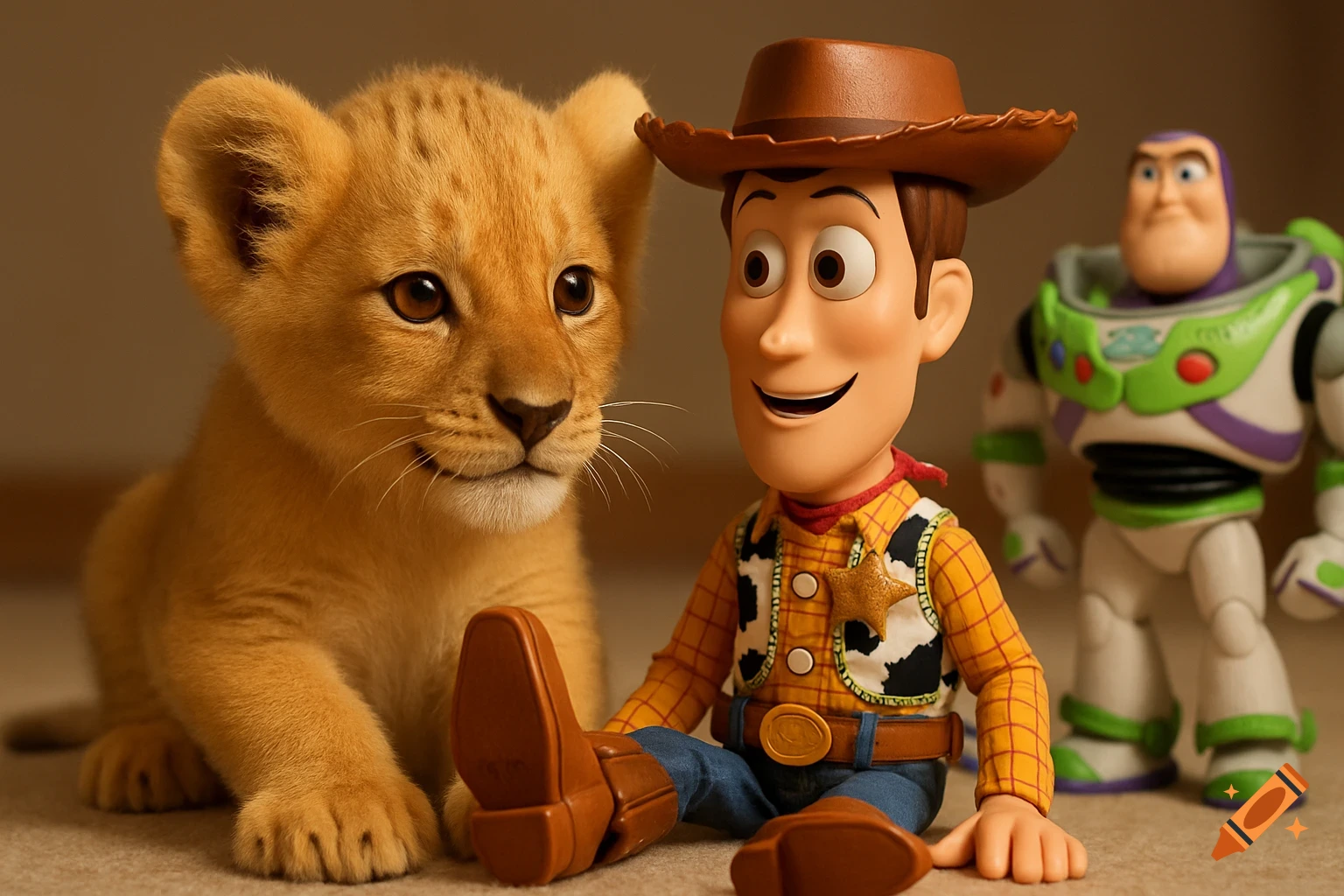 A cute lion cub sits next to Woody and Buzz Lightyear toys. on Craiyon