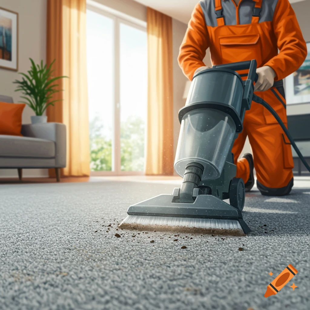 Person in orange overalls cleaning a grey carpet with a vacuum cleaner ...