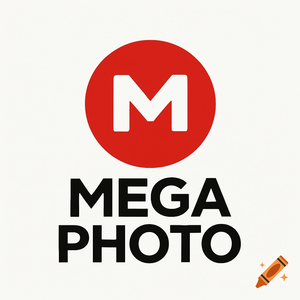 Red circle with white M above black text 'MEGA PHOTO' logo. on Craiyon