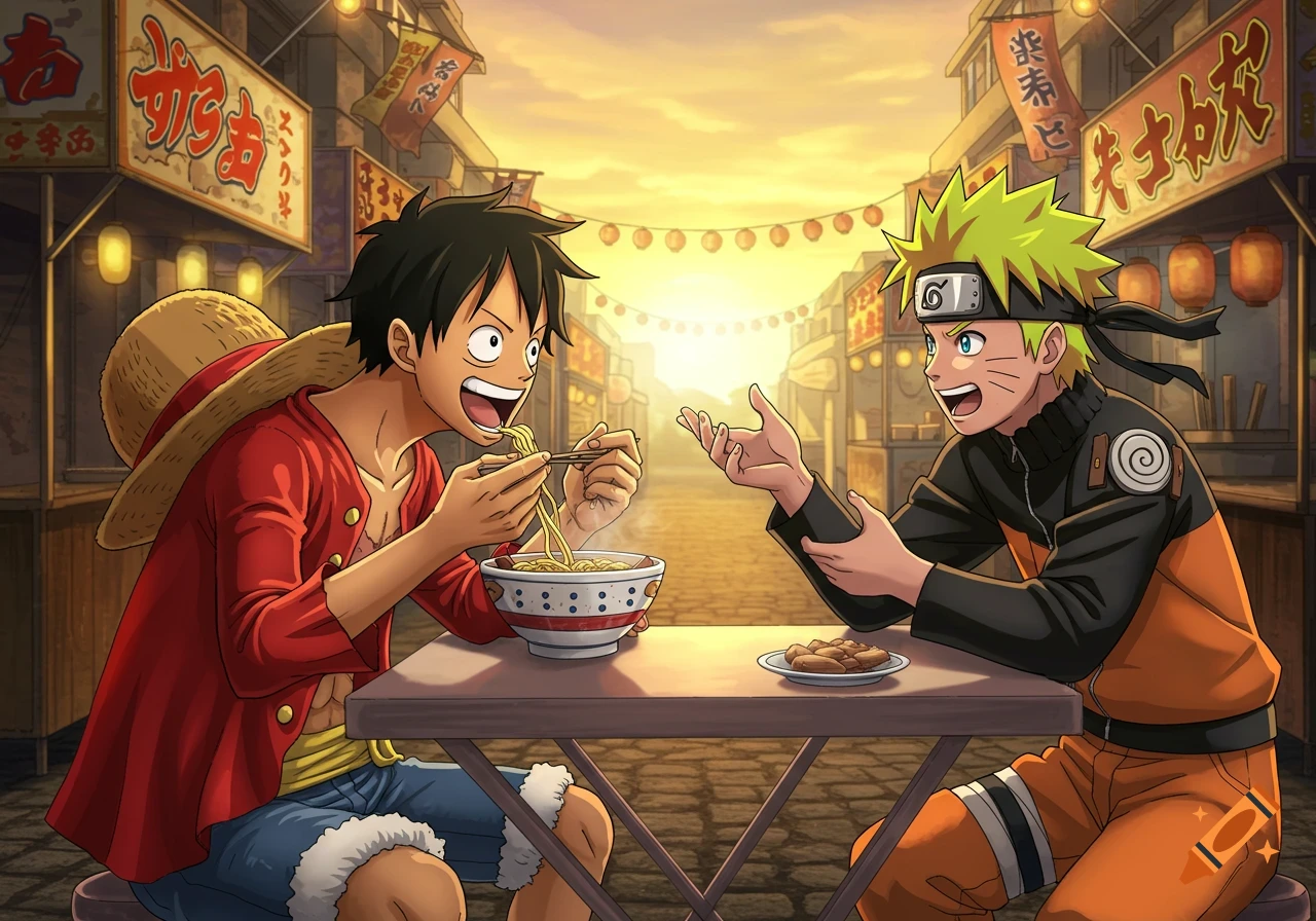 Luffy and Naruto eat ramen together at a table in an anime style. on ...