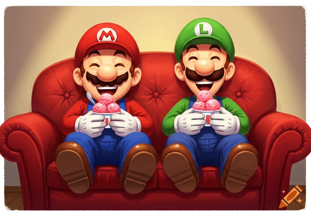 Mario and Luigi sit on a red couch, laughing and eating ice cream. on ...