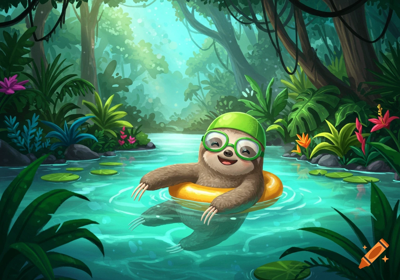 A cartoon sloth with swim cap and goggles floats in a yellow inner tube ...