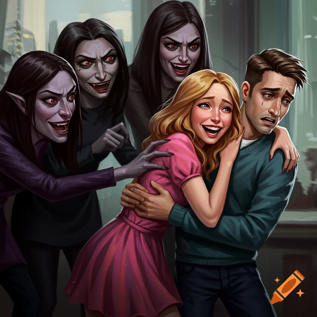 Four grotesque vampires reach towards a terrified man and woman in an ...