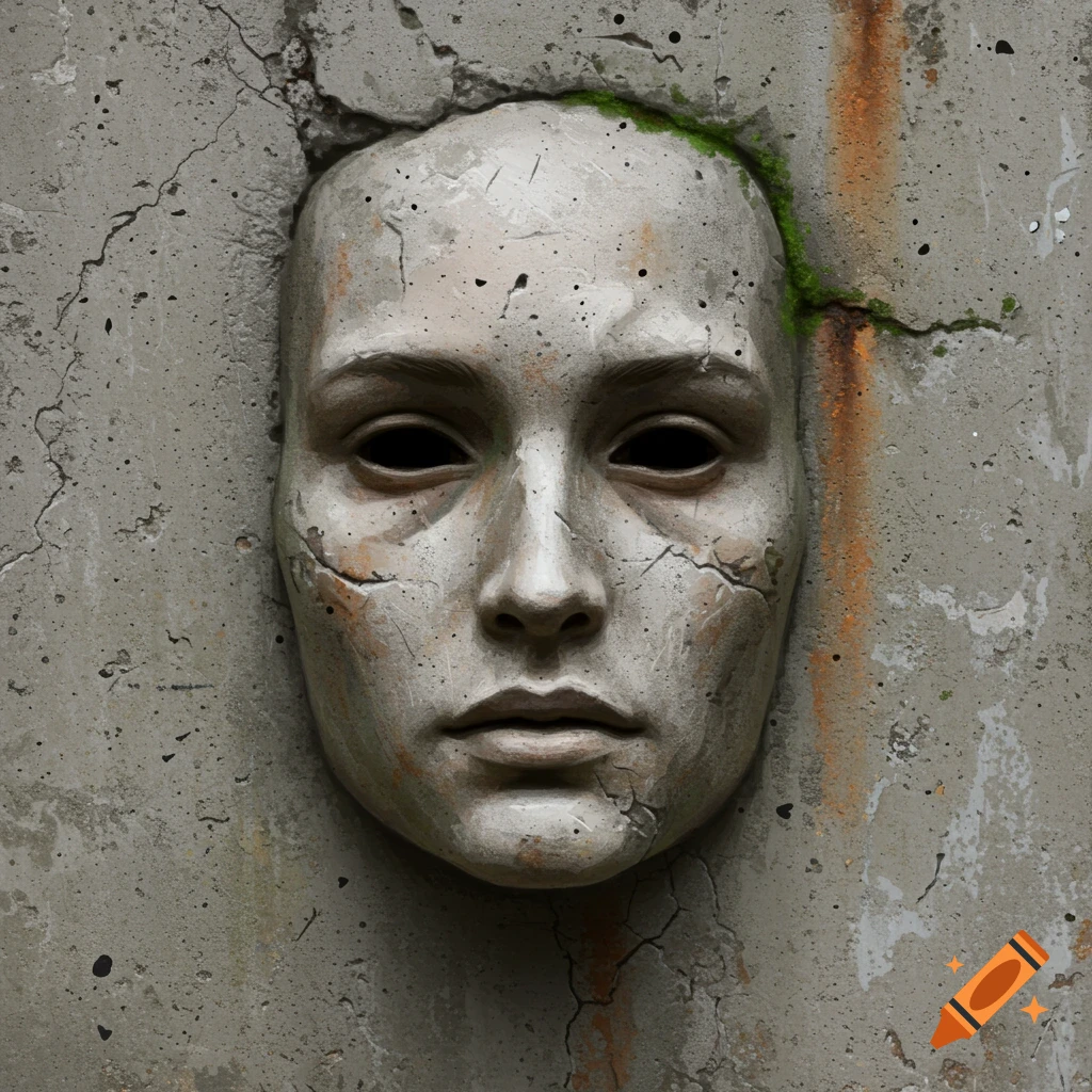 A pale, cracked face sculpture embedded in a concrete wall with moss ...