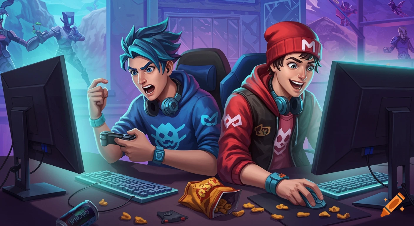 Two young men playing video games on computers in a vibrant, stylized illustration. on Craiyon