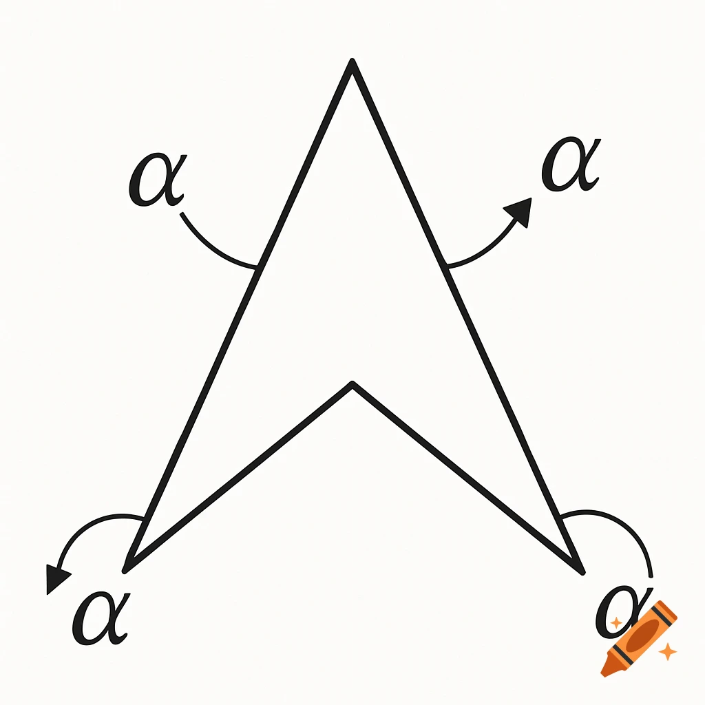 A line drawing of an arrowhead shape with its exterior angles labeled with alpha. on Craiyon