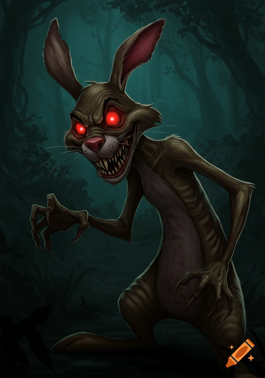 Evil-looking rabbit with red eyes and sharp teeth in a dark forest. on ...
