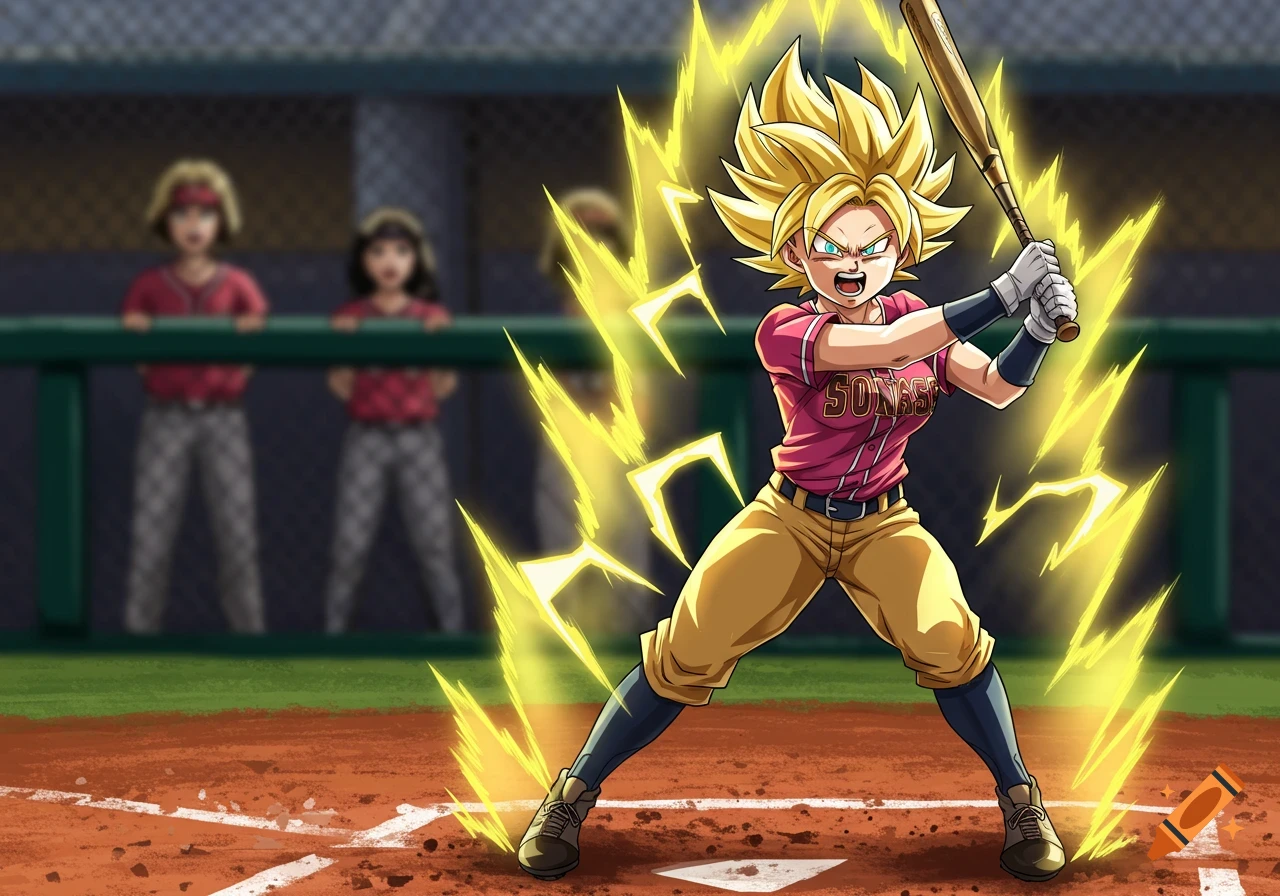 Anime girl in Super Saiyan form batting during a softball game on Craiyon